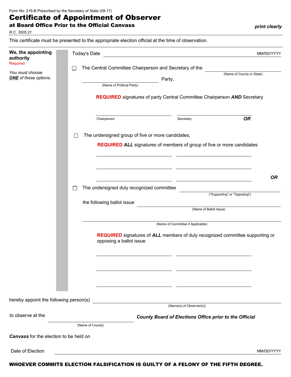 Form 216-B - Fill Out, Sign Online and Download Fillable PDF, Ohio ...