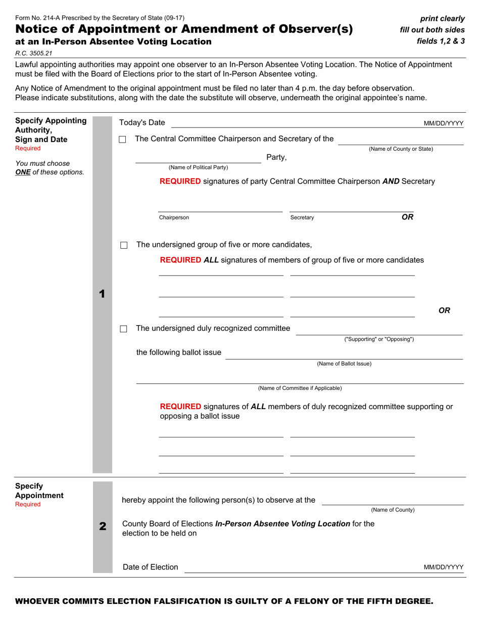 Form 214-A - Fill Out, Sign Online and Download Fillable PDF, Ohio ...