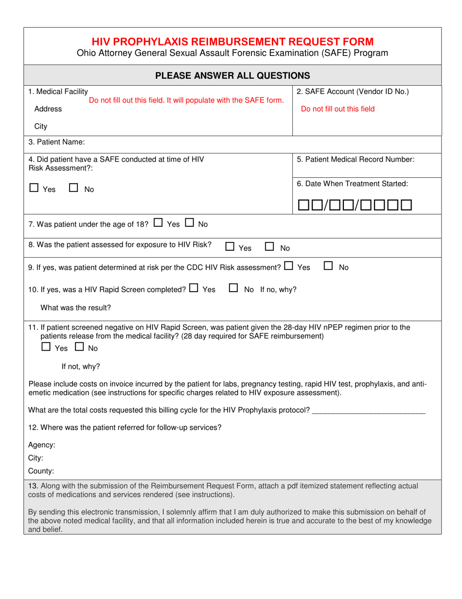Ohio HIV Prophylaxis Reimbursement Request Form - Sexual Assault ...