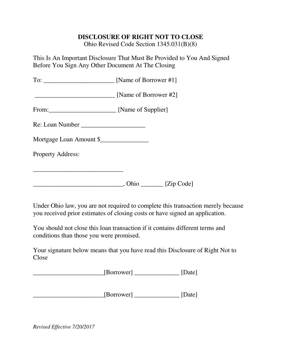 Ohio Disclosure of Right Not to Close Form - Fill Out, Sign Online and ...