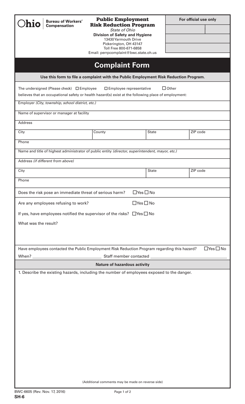 Form SH-6 (BWC-6605) - Fill Out, Sign Online and Download Fillable PDF ...