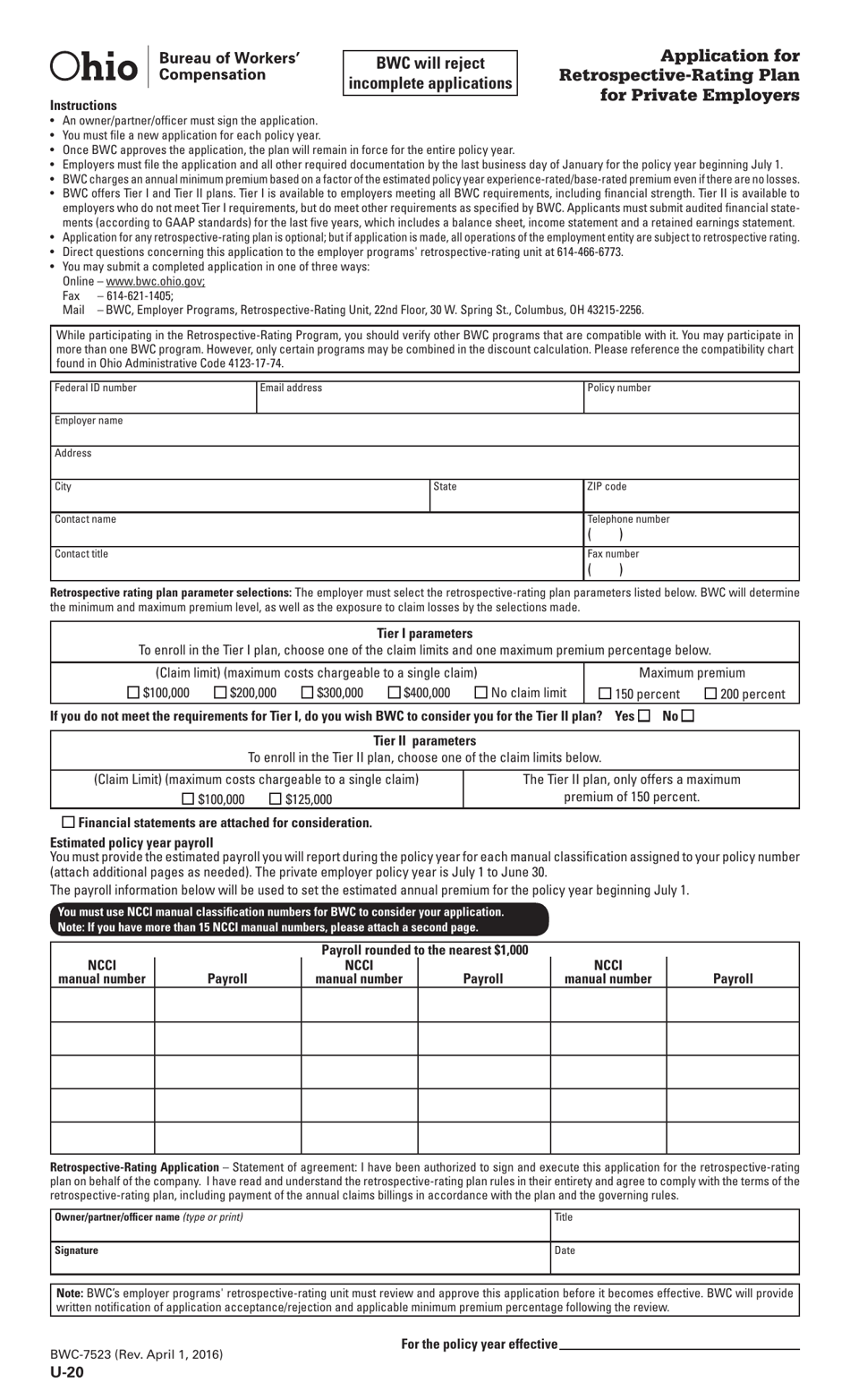 Form U-20 (BWC-7523) - Fill Out, Sign Online and Download Printable PDF ...