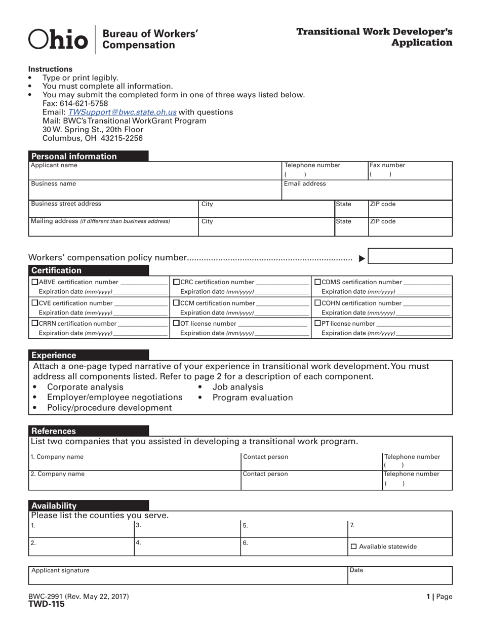 Form TWD-115 (BWC-2991) - Fill Out, Sign Online and Download Printable ...