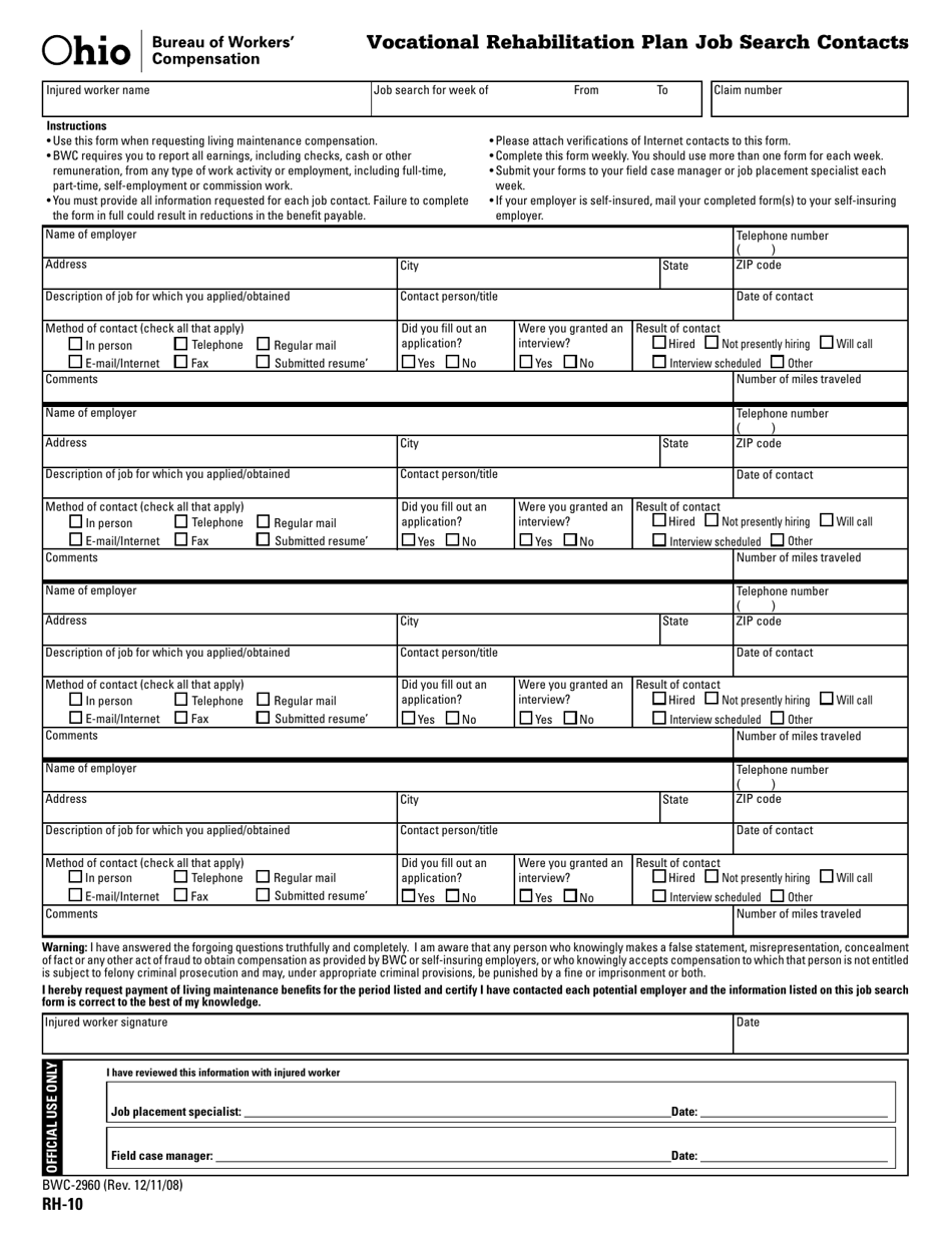 Form RH-10 (BWC-2960) - Fill Out, Sign Online and Download Printable ...