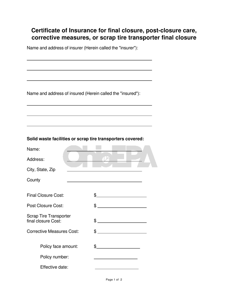 Ohio Certificate of Insurance for Final Closure, Post-closure Care ...