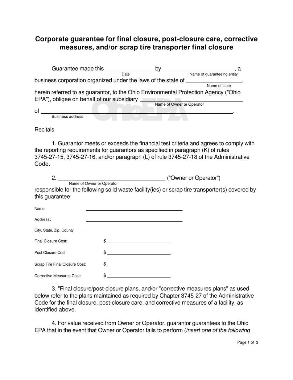 Ohio Corporate Guarantee for Final Closure, Post-closure Care ...