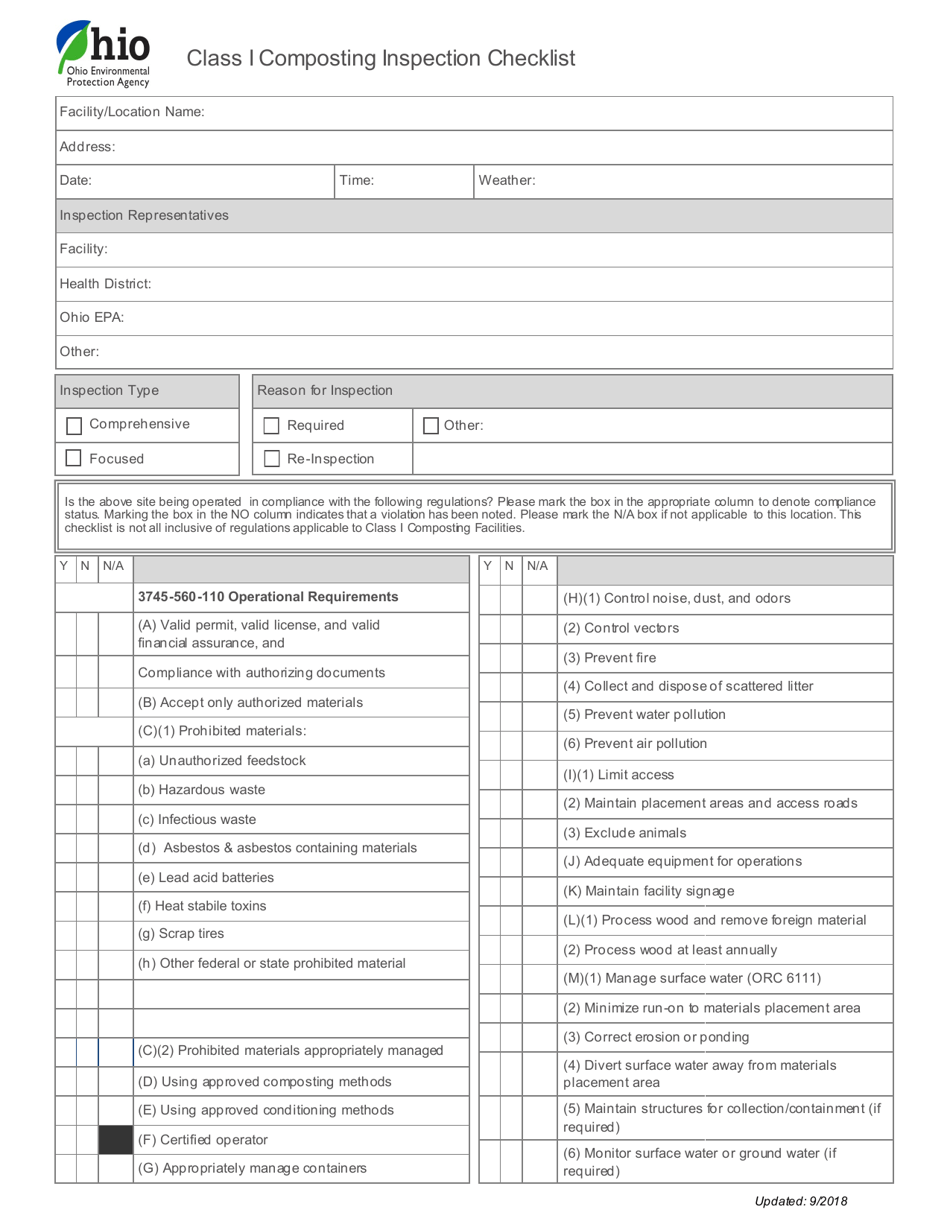 Ohio Class I Composting Inspection Checklist - Fill Out, Sign Online ...