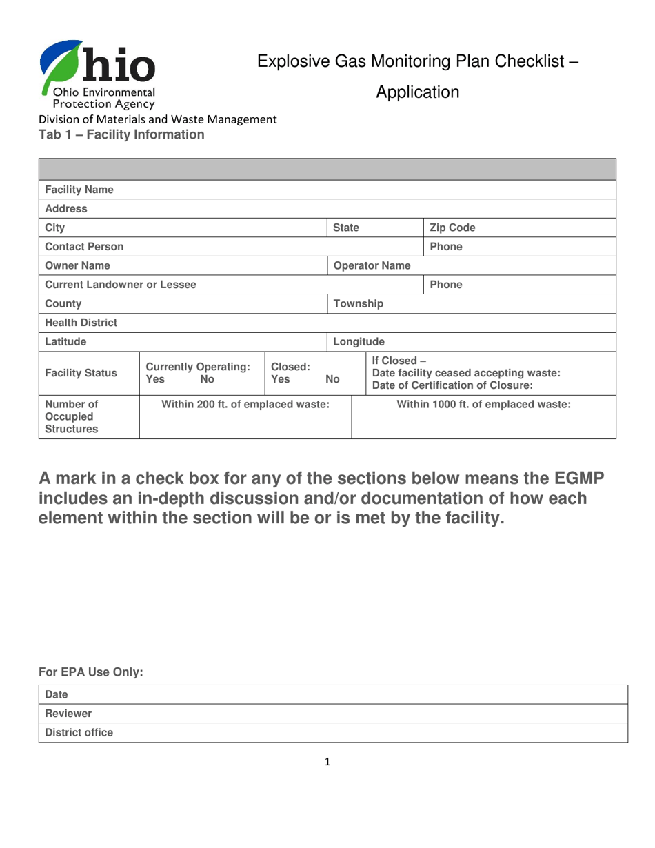 Ohio Explosive Gas Monitoring Plan Checklist Application - Fill Out ...