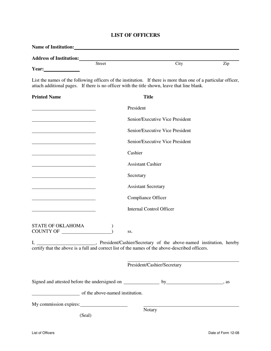 Oklahoma List of Officers - Fill Out, Sign Online and Download PDF ...