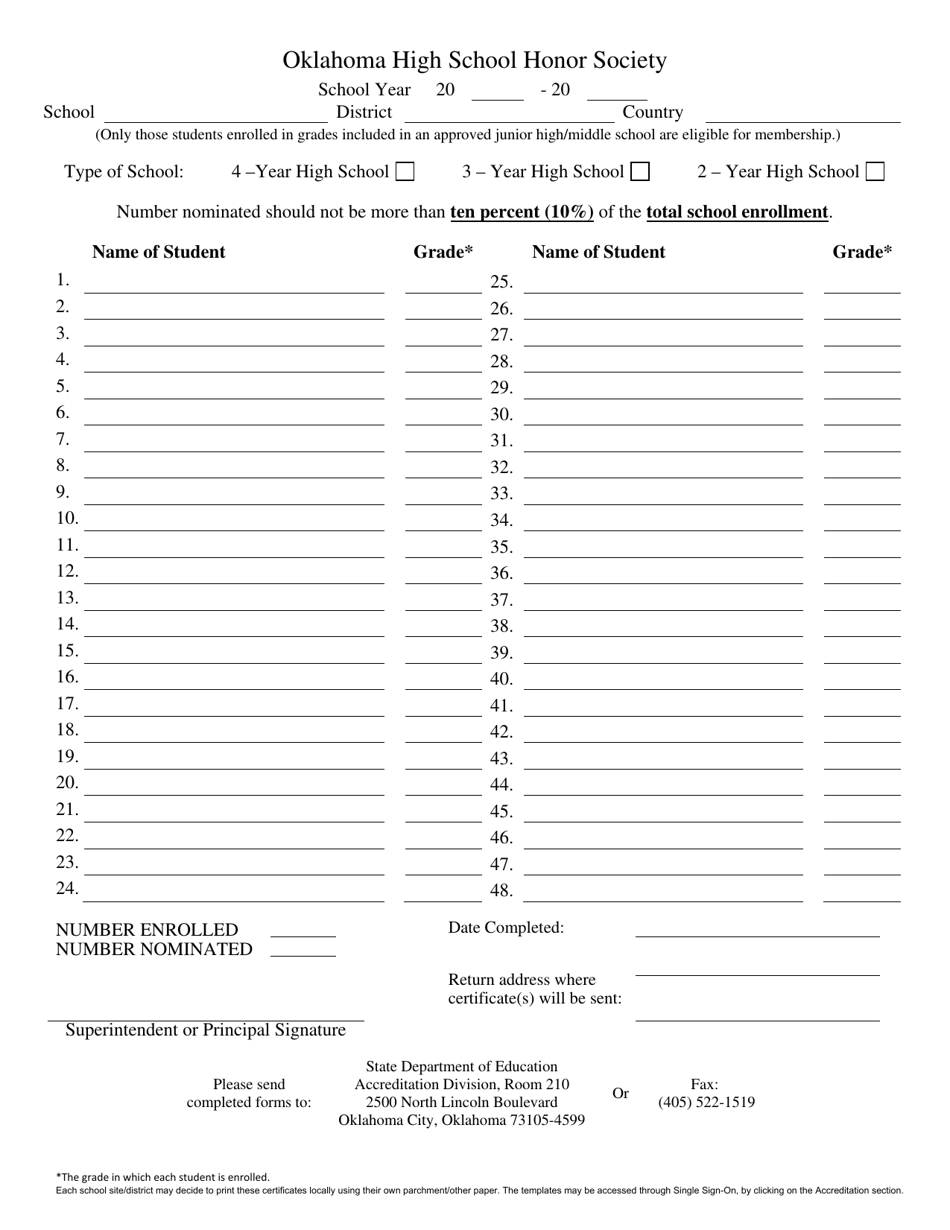 Oklahoma Oklahoma High School Honor Society Annual Nomination Form ...