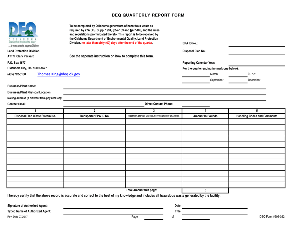 DEQ Form 205-022 - Fill Out, Sign Online and Download Fillable PDF ...