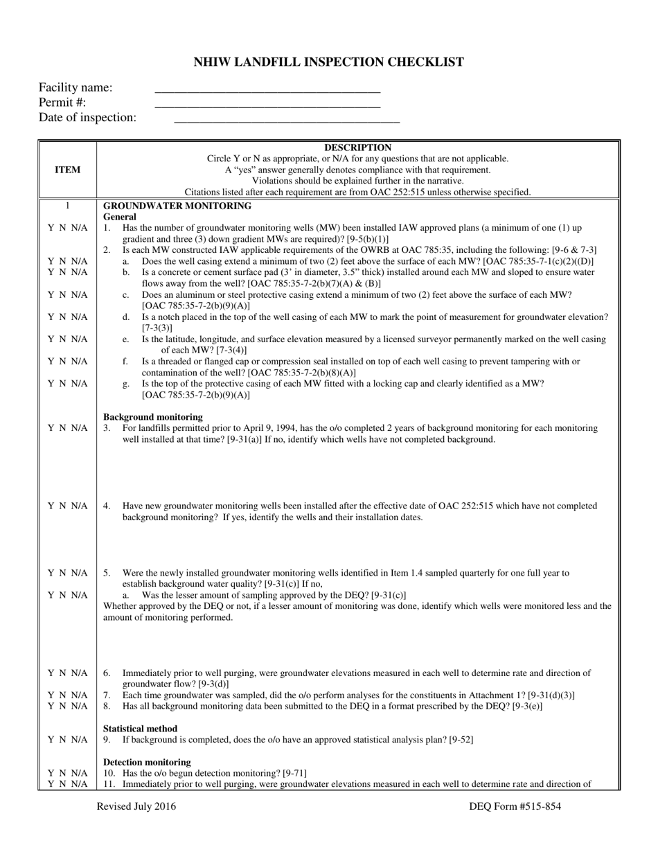 DEQ Form 515-854 - Fill Out, Sign Online and Download Printable PDF ...