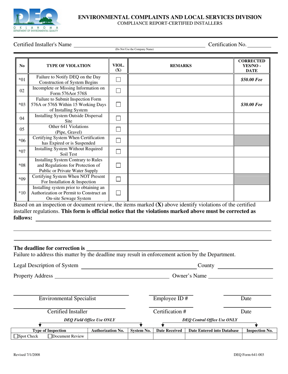DEQ Form 641-003 - Fill Out, Sign Online and Download Printable PDF ...