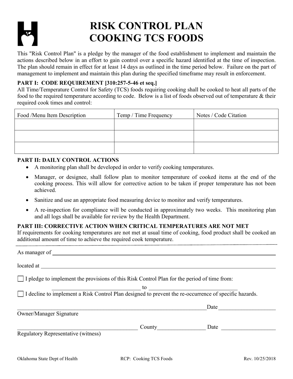Oklahoma Risk Control Plan - Cooking Tcs Foods - Fill Out, Sign Online ...