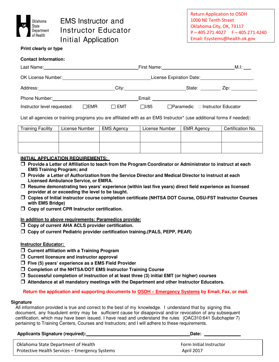 Oklahoma EMS Instructor and Instructor Educator Initial Application ...