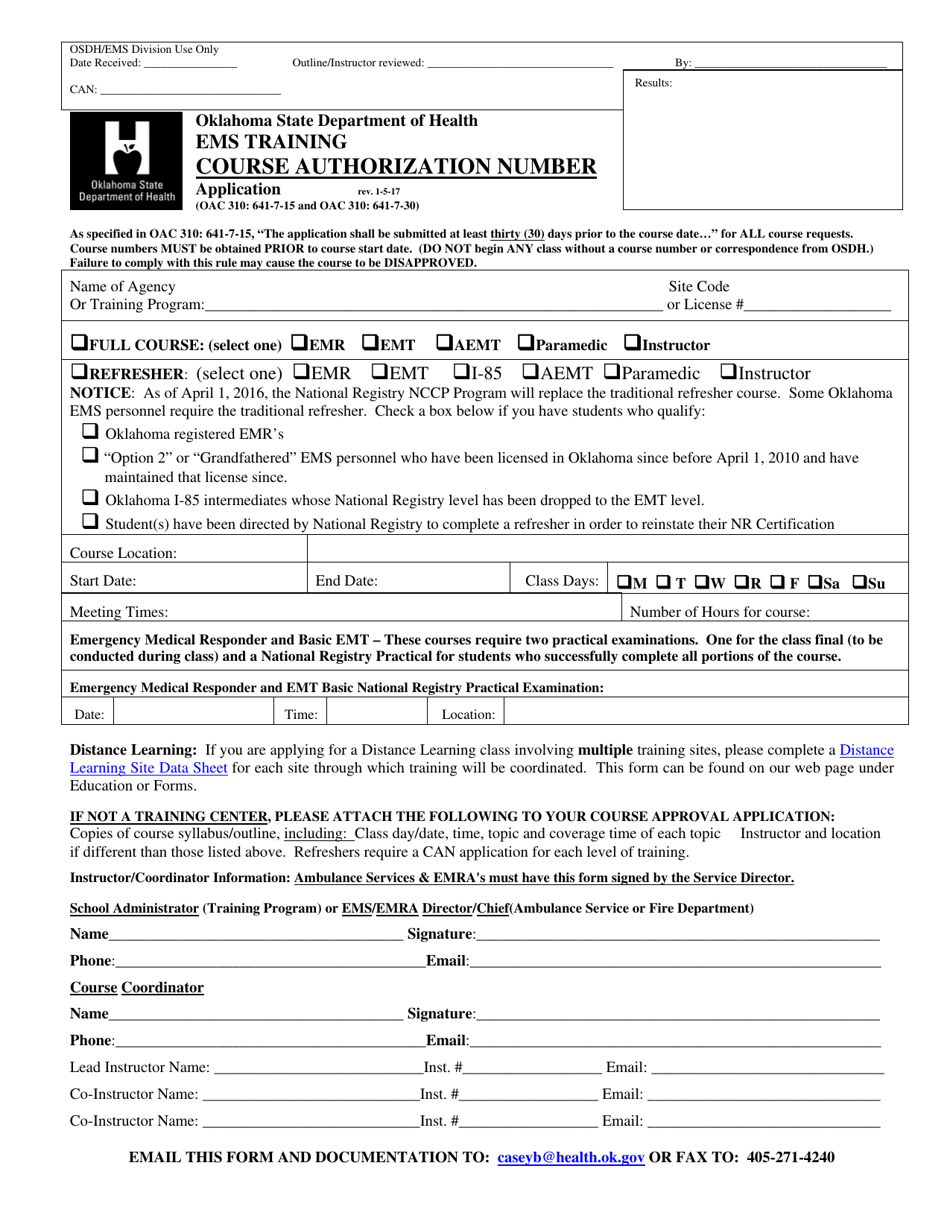Oklahoma Course Authorization Number Application Form - EMS Training ...