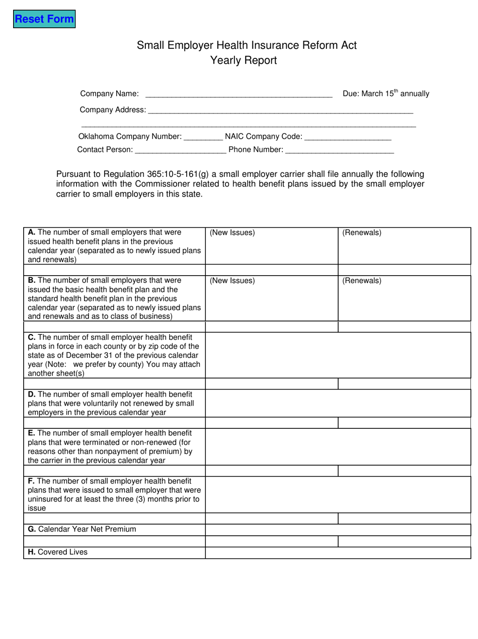 Oklahoma Small Employer Health Insurance Reform Act Yearly Report ...
