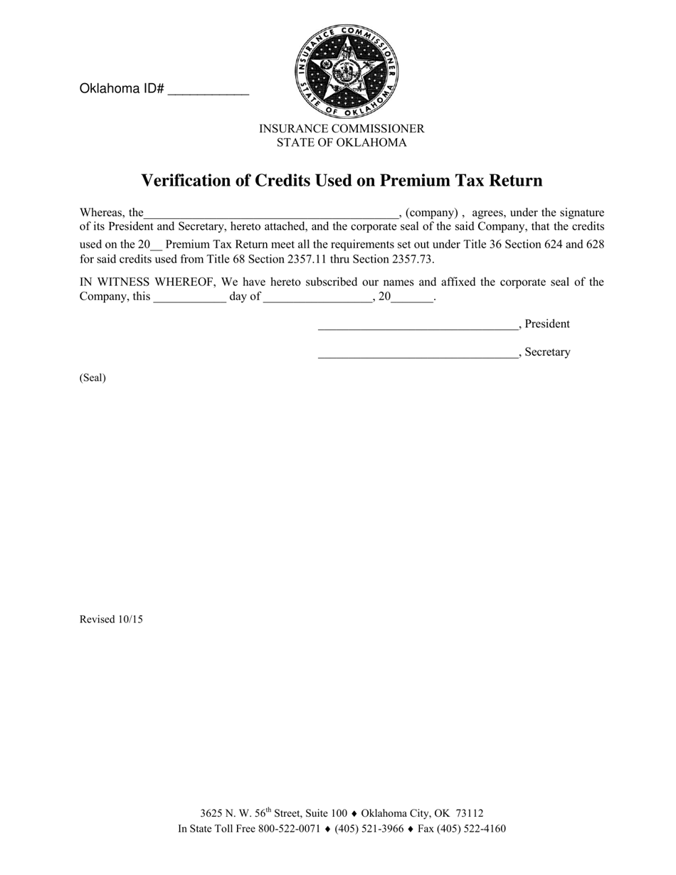 Oklahoma Verification of Credits Used on Premium Tax Return - Fill Out ...
