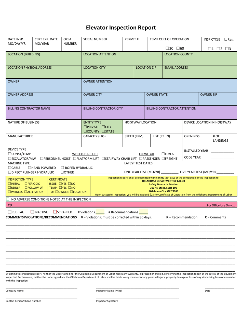 Oklahoma Elevator Inspection Report Form - Fill Out, Sign Online and ...