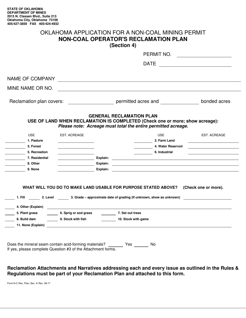 Oklahoma Application for a Non-coal Mining Permit - Non-coal Operator's ...