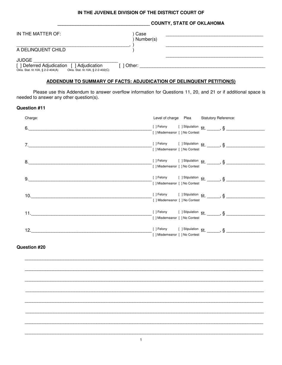 Oklahoma Addendum to Summary of Facts: Adjudication of Delinquent ...