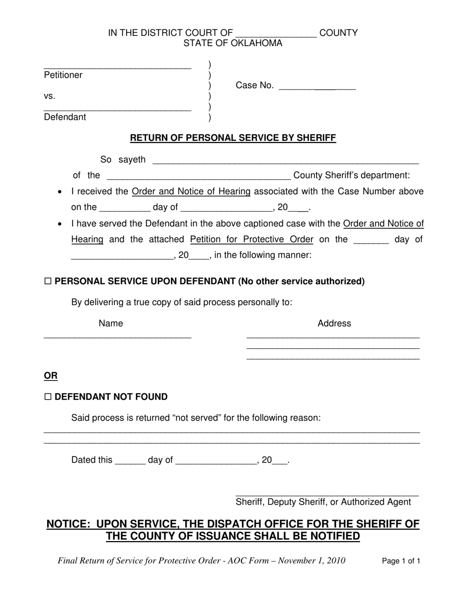 Oklahoma Return of Personal Service by Sheriff - Fill Out, Sign Online ...