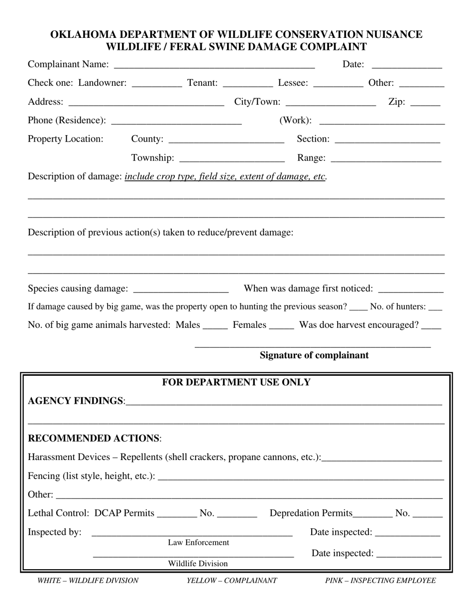 Oklahoma Wildlife/Feral Swine Damage Complaint Form - Fill Out, Sign ...