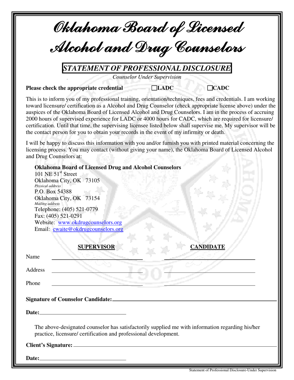 Oklahoma Statement of Professional Disclosure - Counselor Under ...