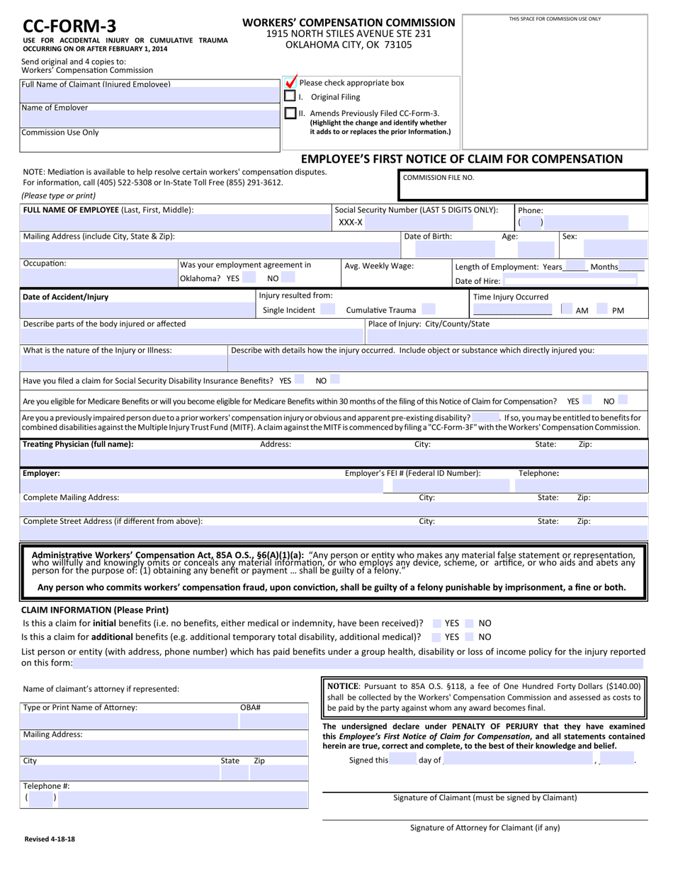 CC- Form 3 - Fill Out, Sign Online and Download Fillable PDF, Oklahoma ...