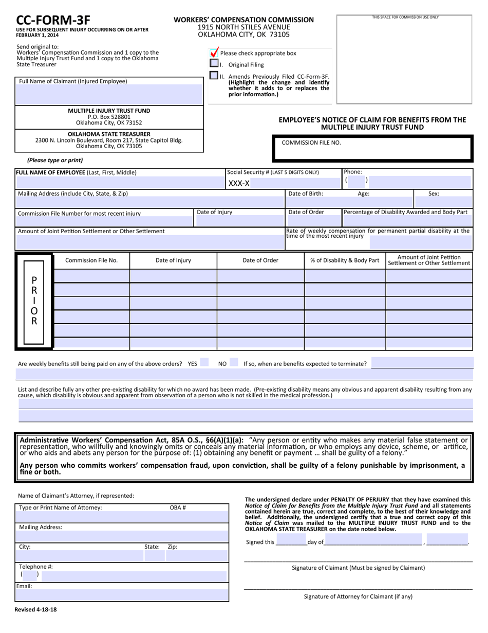 CC- Form 3F - Fill Out, Sign Online and Download Fillable PDF, Oklahoma ...