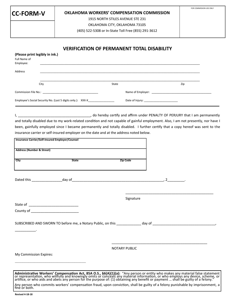 CC- Form V - Fill Out, Sign Online and Download Fillable PDF, Oklahoma ...