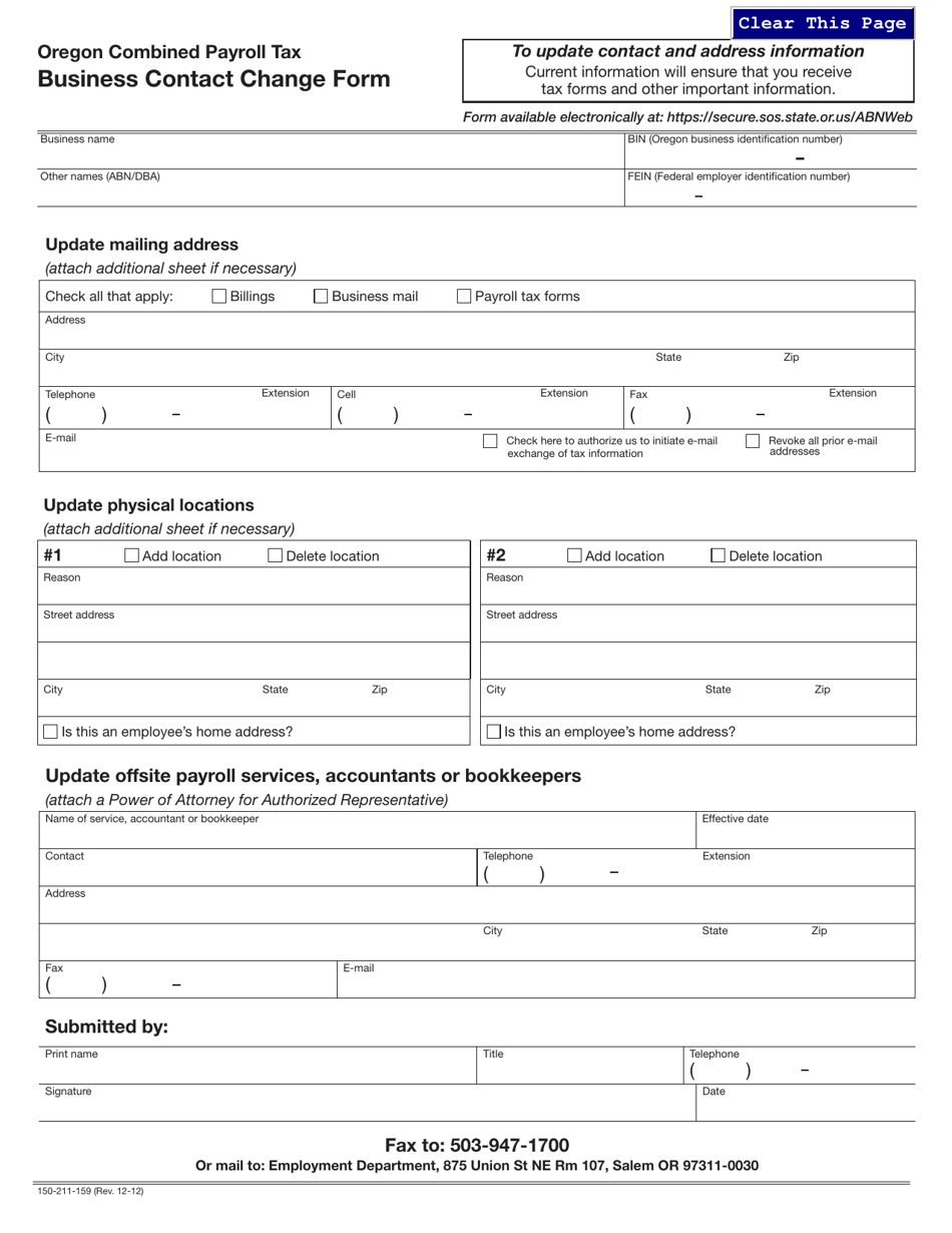 Fillable Information Change Form For Oregon Secretary Of State ...