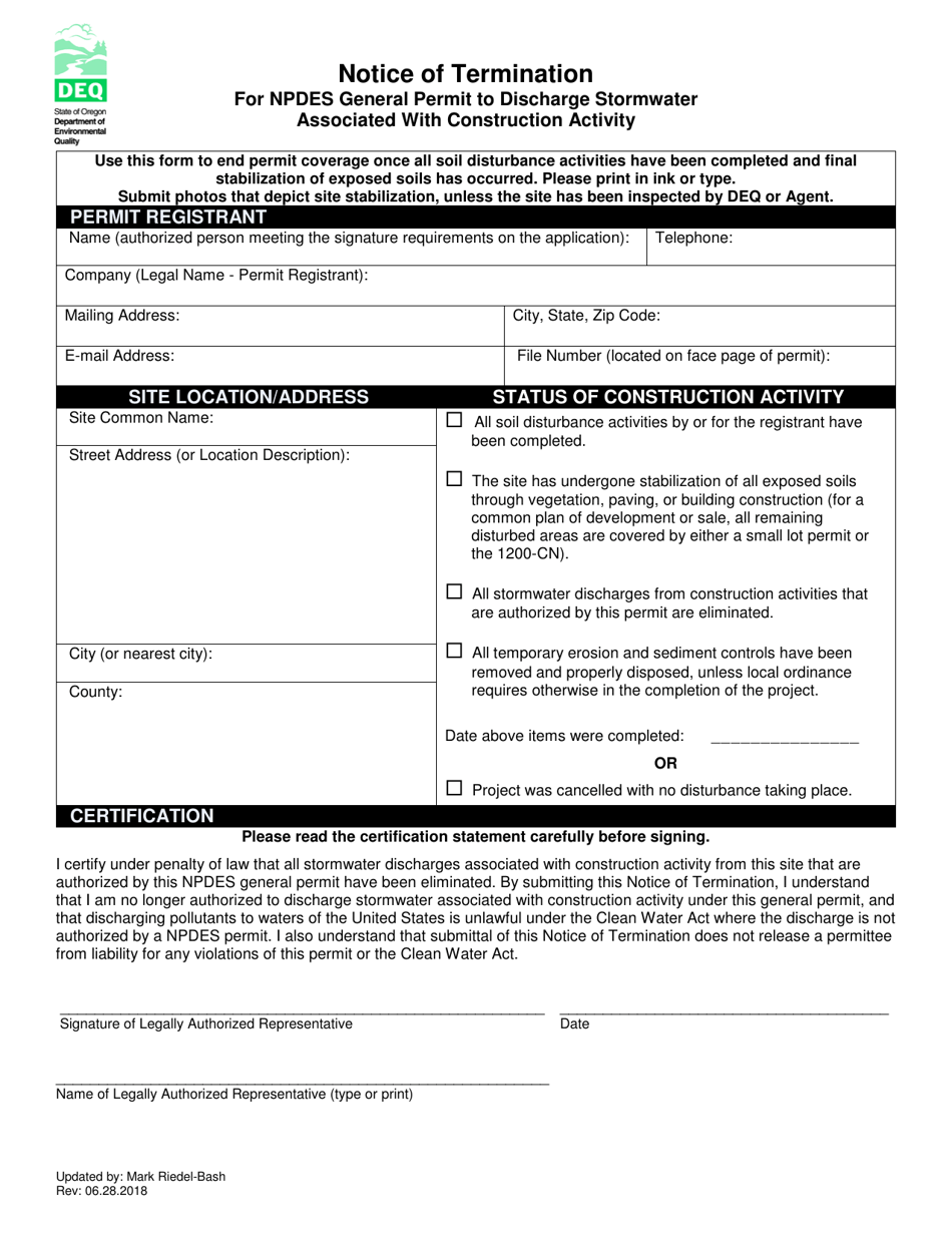 Oregon Notice of Termination for Npdes General Permit to Discharge ...