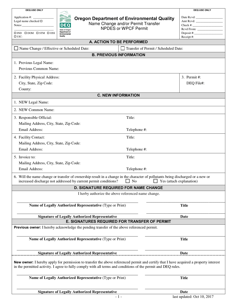Oregon Name Change and/or Permit Transfer - Npdes or Wpcf Permit - Fill Out, Sign Online and ...