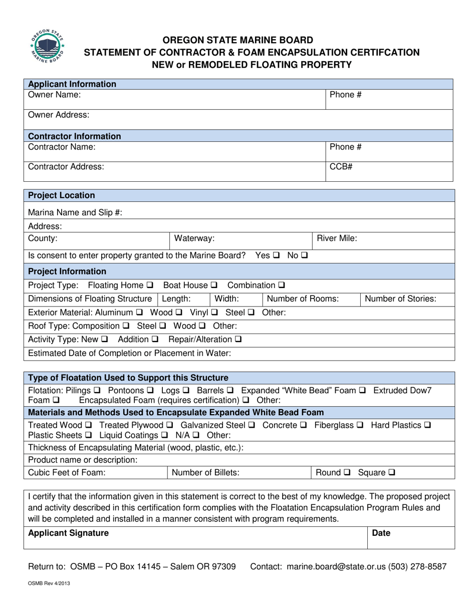 Oregon Statement of Contractor & Foam Encapsulation Certification - New ...