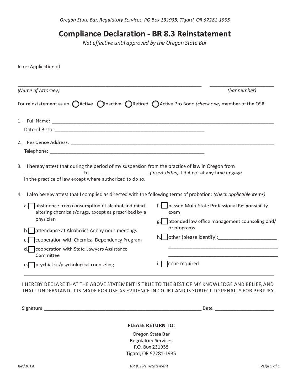 Oregon Compliance Declaration - Br 8.3 Reinstatement - Fill Out, Sign ...