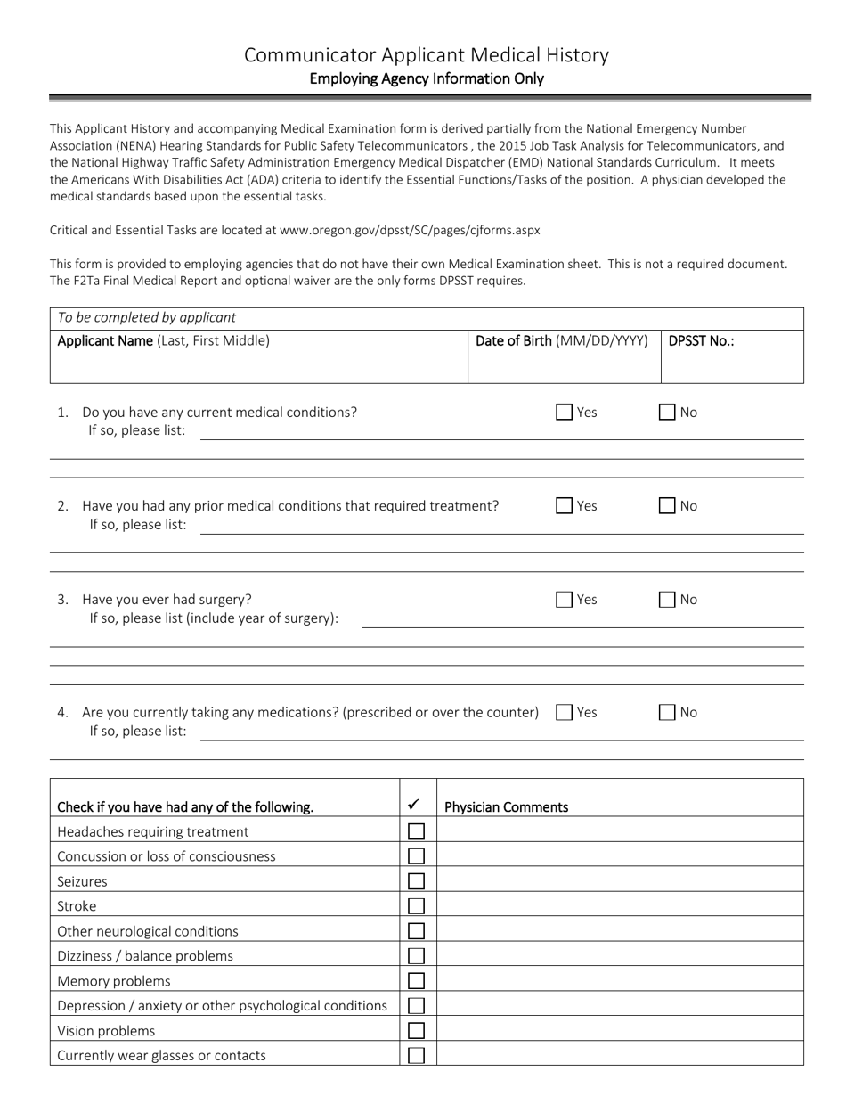 Oregon Communicator Applicant Medical History Form - Fill Out, Sign ...