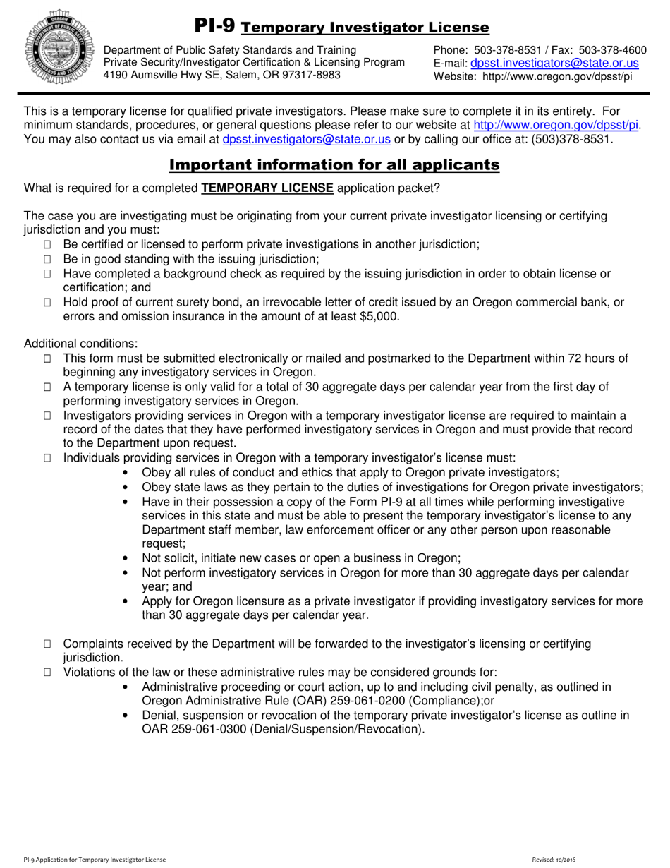 Form PI-9 - Fill Out, Sign Online and Download Printable PDF, Oregon ...