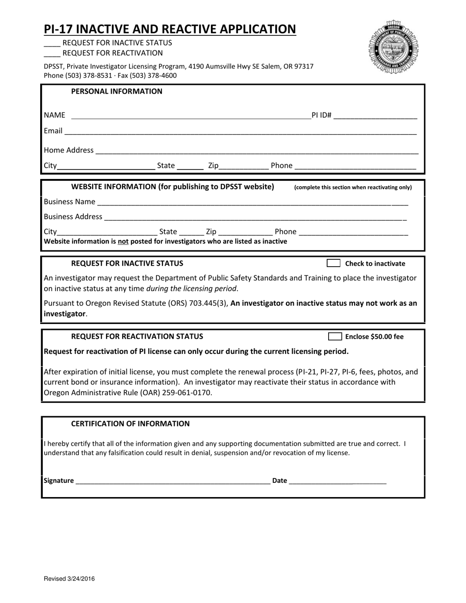 Form PI-17 - Fill Out, Sign Online and Download Printable PDF, Oregon ...