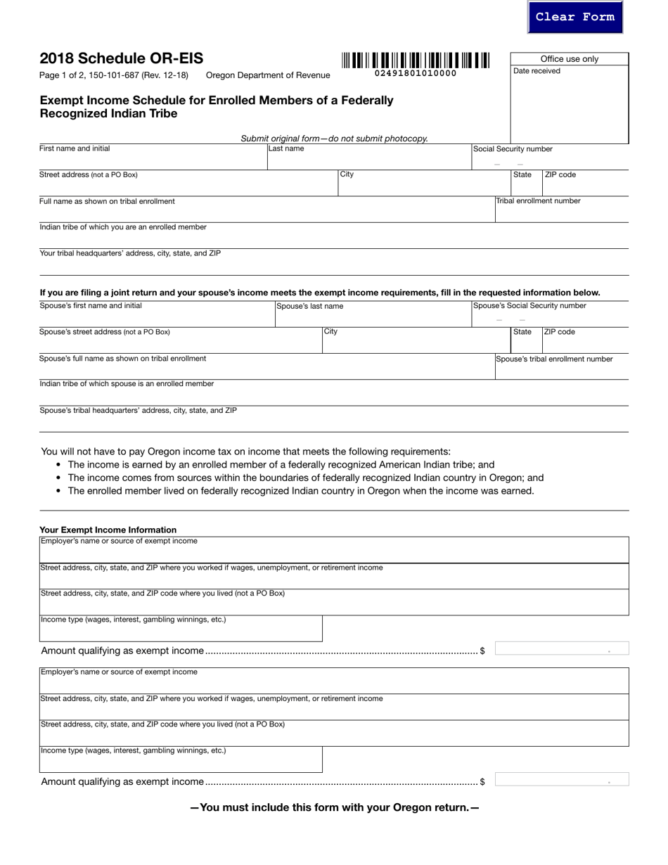 Form 150-101-687 Schedule OR-EIS - 2018 - Fill Out, Sign Online and ...