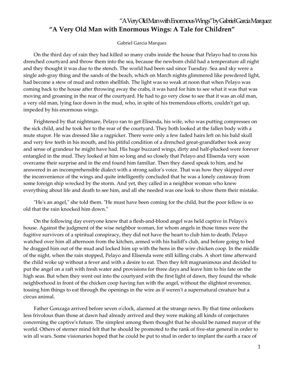 "a Very Old Man With Enormous Wings" by Gabriel Garcia Marquez Download ...