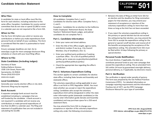 FPPC Form 501 Download Fillable PDF or Fill Online Candidate Intention ...