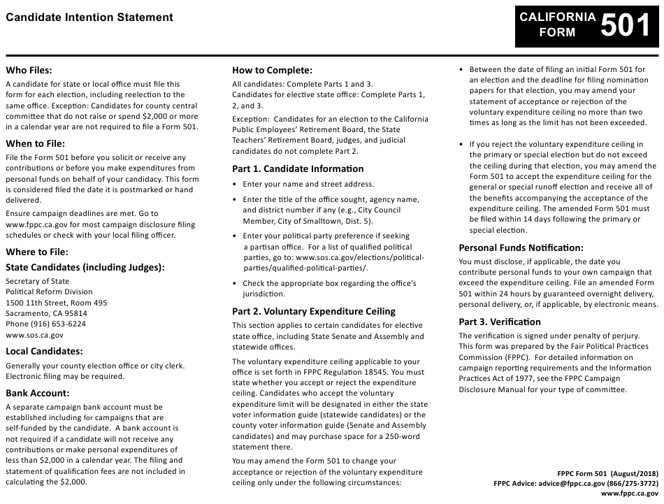 FPPC Form 501 Download Fillable PDF or Fill Online Candidate Intention ...