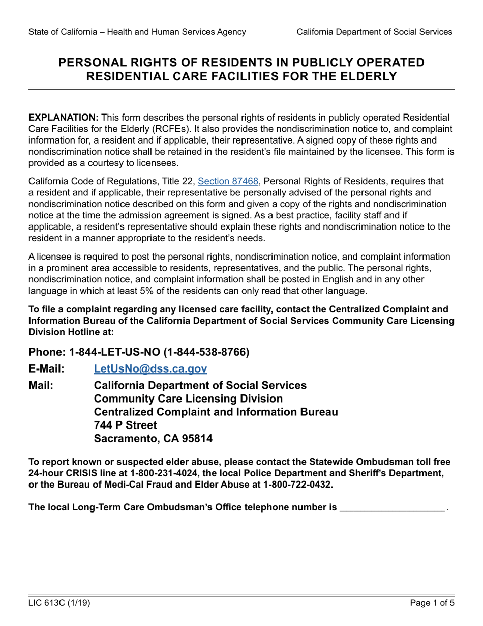 Form LIC613C Download Fillable PDF or Fill Online Personal Rights of ...