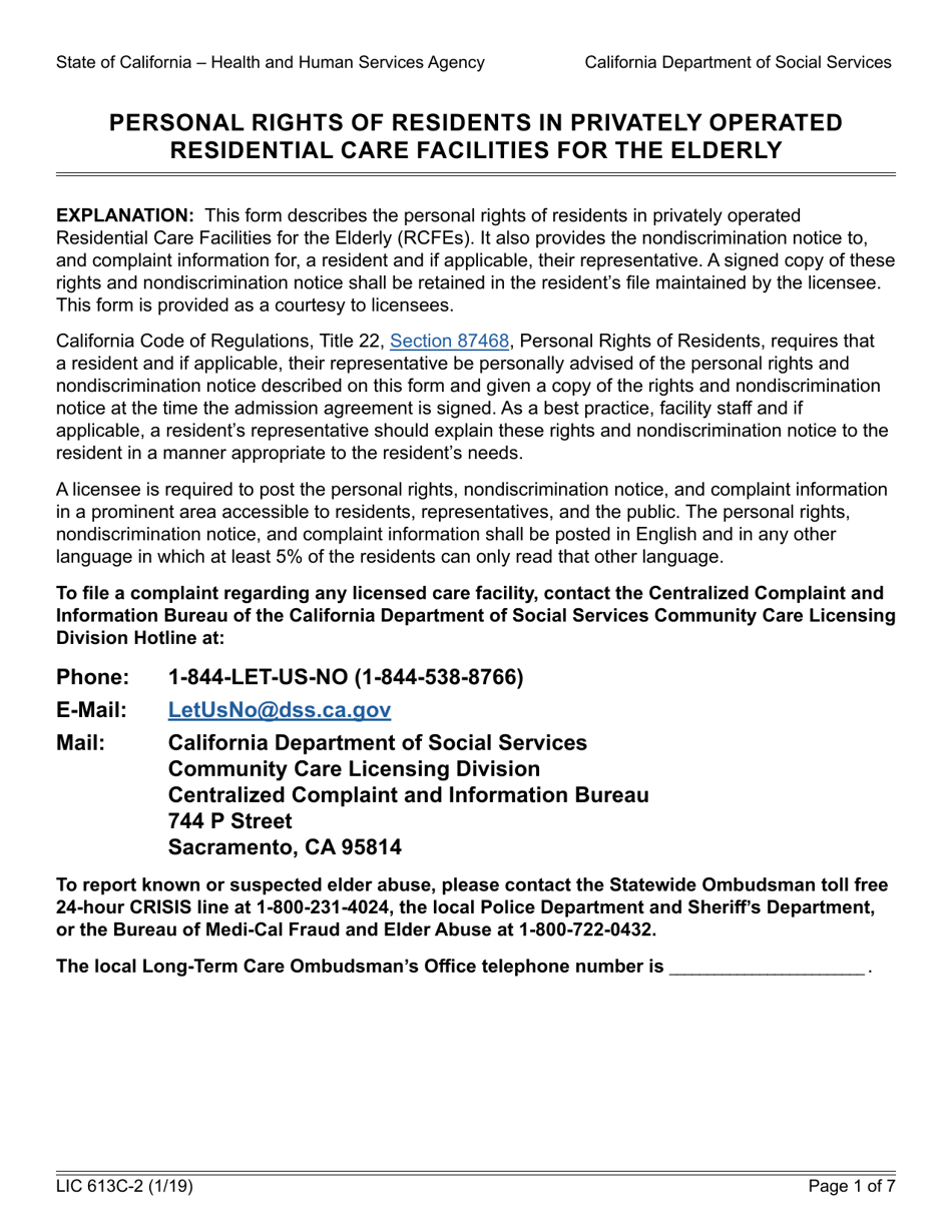 Form LIC613C-2 Download Fillable PDF or Fill Online Personal Rights of ...