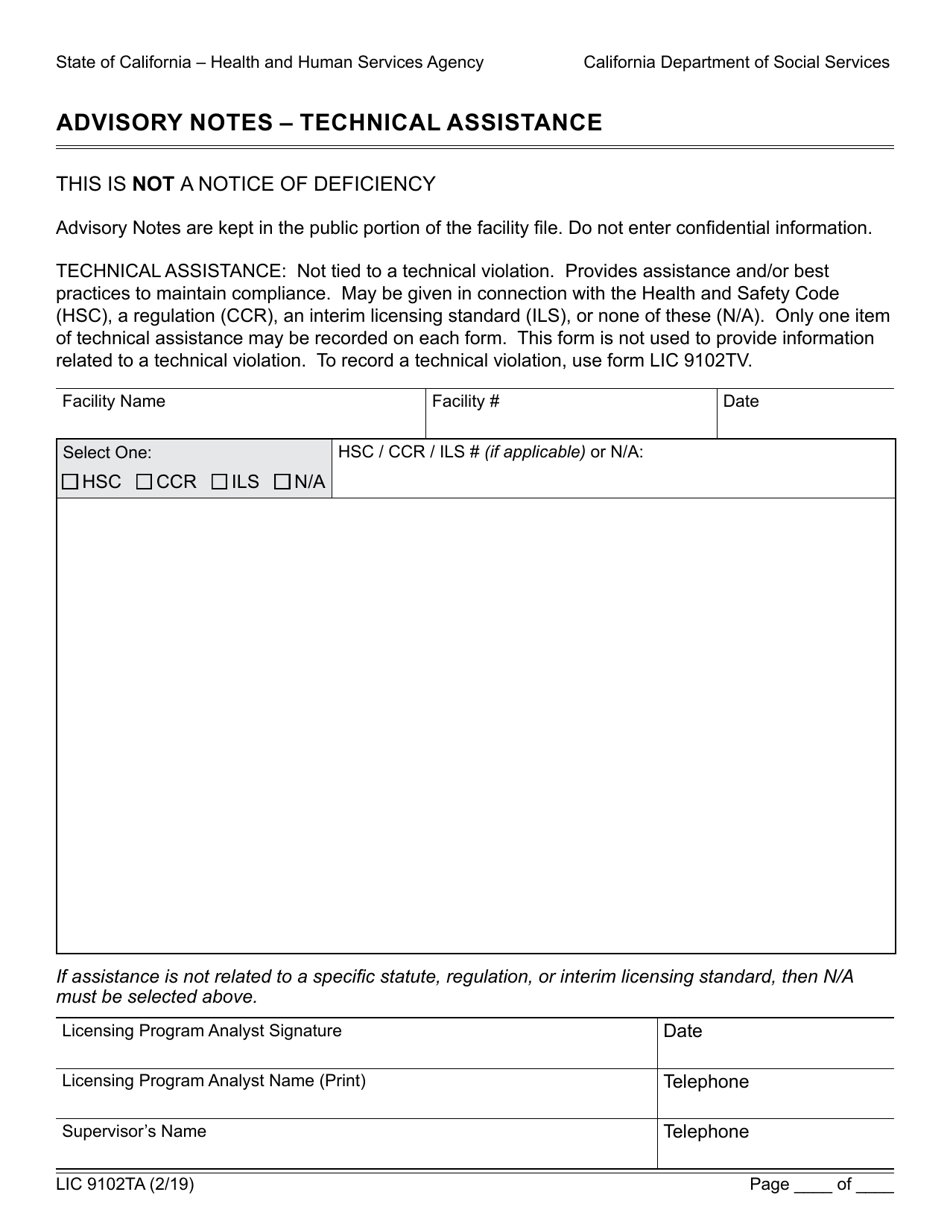 Form LIC9102TA - Fill Out, Sign Online and Download Fillable PDF ...