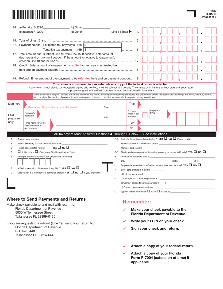 Form F-1120 - Fill Out, Sign Online and Download Printable PDF, Florida ...