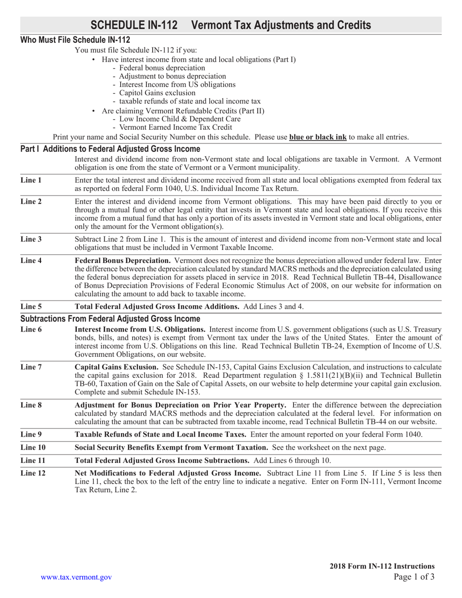Download Instructions for Schedule IN-112 Vermont Tax Adjustments and ...