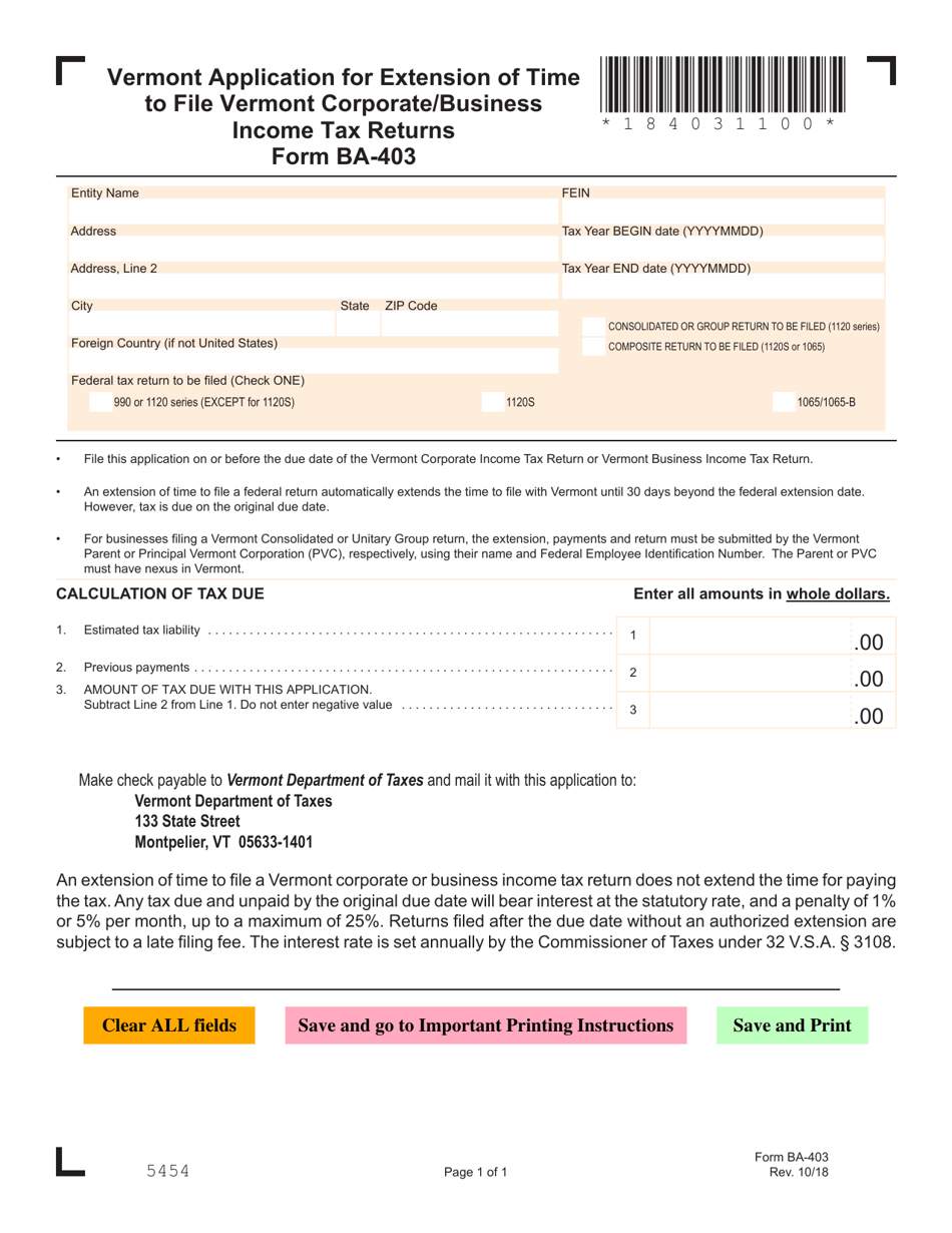VT Form BA-403 Download Fillable PDF or Fill Online Application for ...