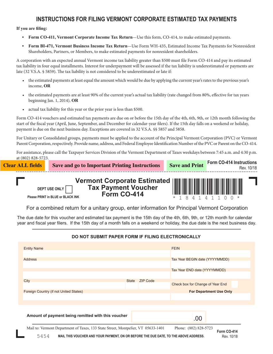 VT Form CO-414 Download Fillable PDF or Fill Online Corporate Estimated ...